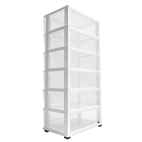 6 Tier Stackable Storage Drawer Rolling Storage Cart Plastic Drawer Organizer Foldable File Storage Cabinet for Office, Dorm, Desk, Countertop, Living Room (White+Clear)