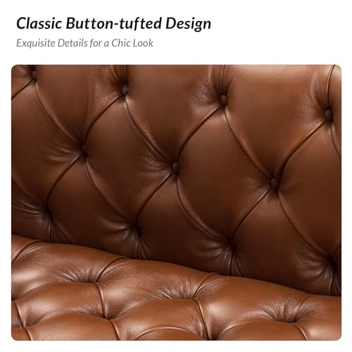HULALA HOME 85" W Genuine Leather Sofa Couch with Metal Legs, Button-Tufted 3-Seater Sofa with Square Arms, Mid Century Modern Upholstered Couch for Living Room, Bedroom, Apartment, Brown