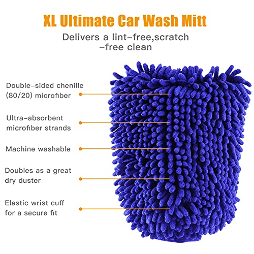 UYYE Chenille Car Wash Mitt of Car Interior and Exterior Accessories, Ultra Absorbent Microfiber Mitt for Cars, Trucks, SUV, Boat & Motorcycle, Blue( 1-Pack, Extra Large