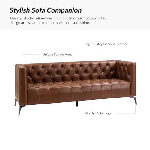 HULALA HOME 85" W Genuine Leather Sofa Couch with Metal Legs, Button-Tufted 3-Seater Sofa with Square Arms, Mid Century Modern Upholstered Couch for Living Room, Bedroom, Apartment, Brown