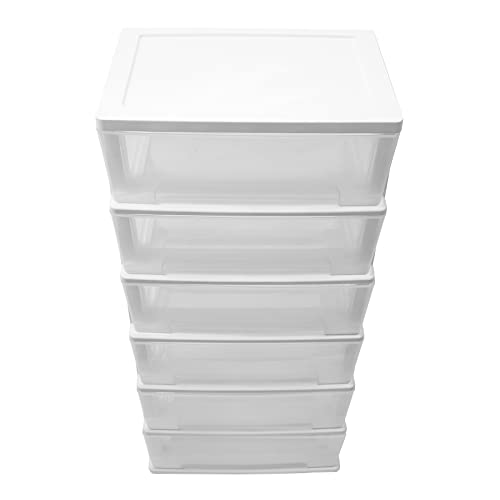 6 Tier Stackable Storage Drawer Rolling Storage Cart Plastic Drawer Organizer Foldable File Storage Cabinet for Office, Dorm, Desk, Countertop, Living Room (White+Clear)