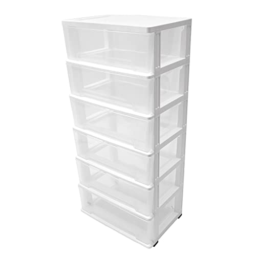 6 Tier Stackable Storage Drawer Rolling Storage Cart Plastic Drawer Organizer Foldable File Storage Cabinet for Office, Dorm, Desk, Countertop, Living Room (White+Clear)