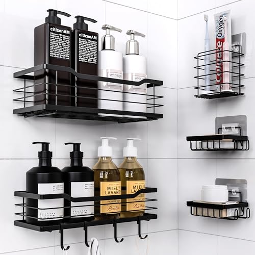 BTSD-home Shower Caddy Bathroom Organizer 5 Pack Rustproof Shower Rack Adhesive Shower Shelves with 4 Hooks, 2 Soap Holder, 1 Toothbrush Holder, Stainless Steel for Home Decor Bathroom Accessories