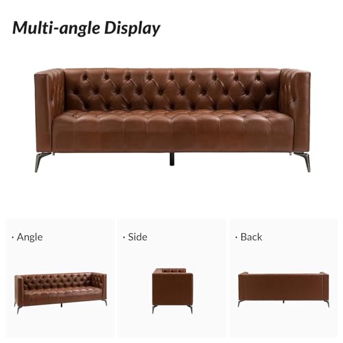 HULALA HOME 85" W Genuine Leather Sofa Couch with Metal Legs, Button-Tufted 3-Seater Sofa with Square Arms, Mid Century Modern Upholstered Couch for Living Room, Bedroom, Apartment, Brown