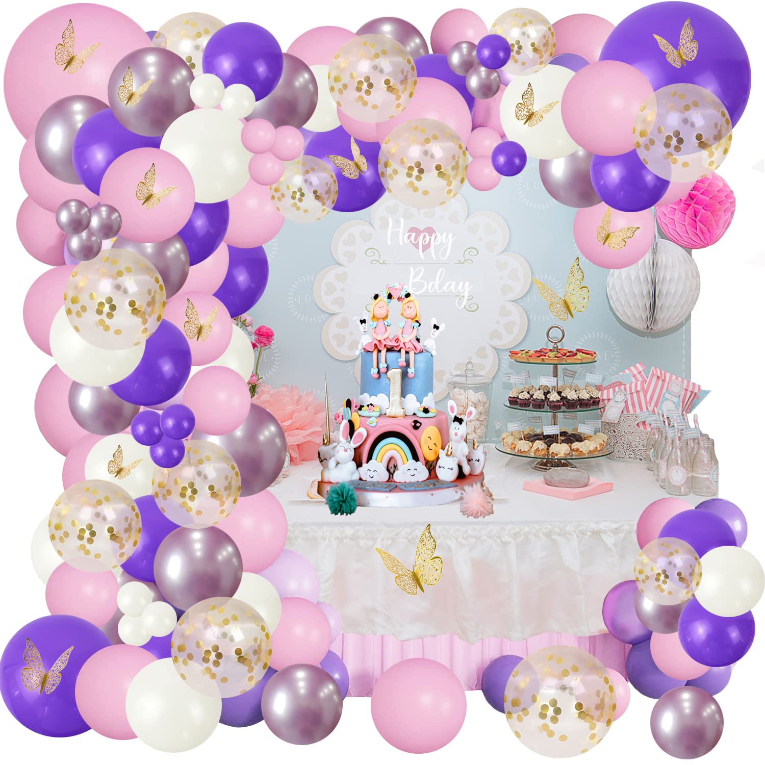 ANGSKALSA Balloon Garland Arch Kit - 167Pcs Baby Shower Decorations for Girl with Butterfly Stickers, Pink Purple White Gold Confetti Balloons for Birthday Party Bridal Shower Wedding Decorations