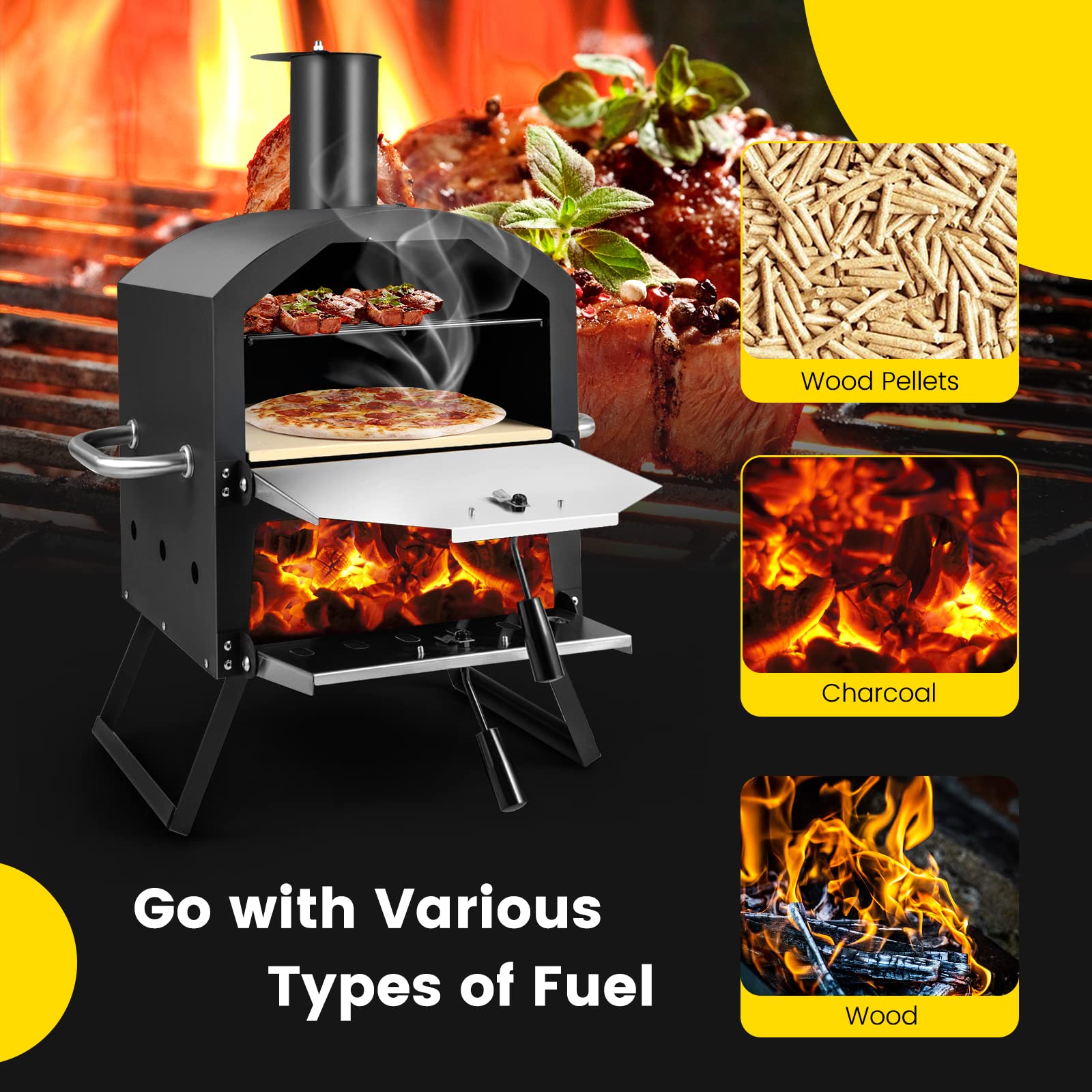 Giantex Outdoor Pizza Oven Wood Fired, 2-Layer Pizza Maker with Pizza Stone, Pizza Peel, Removable Cooking Rack, Waterproof Cover, Folding Legs, Outside Pizza Ovens for Camping Backyard BBQ (28 Inch)