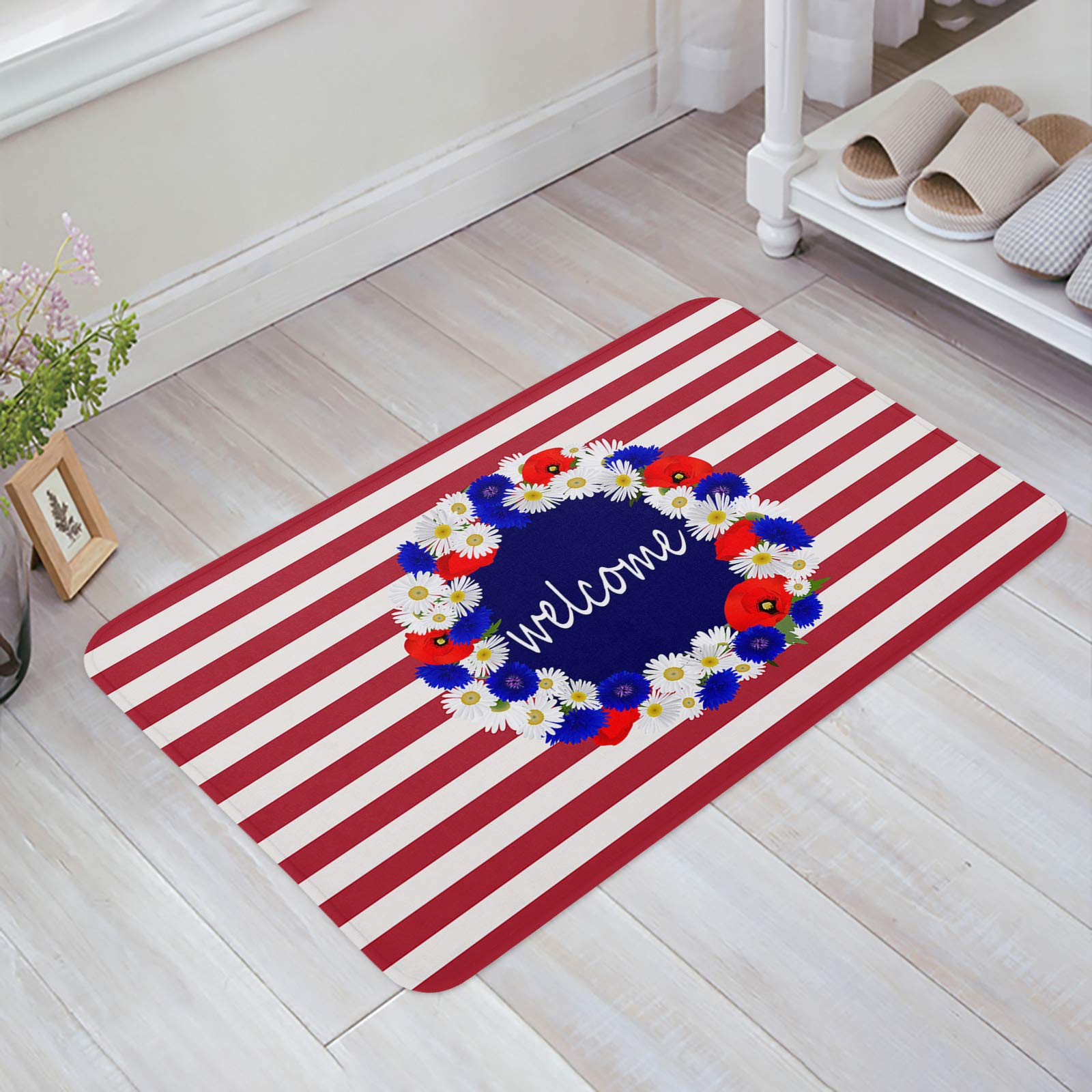 DIFNARY July 4th Bath Rugs Red Poppy Flowers Daisy Independence Day Holiday Sponge Doormat Absorbent Non Slip Backing Flannel Mat White and Red Stripe Memory Foam Mats for Bathroom Kitchen, 16x24In