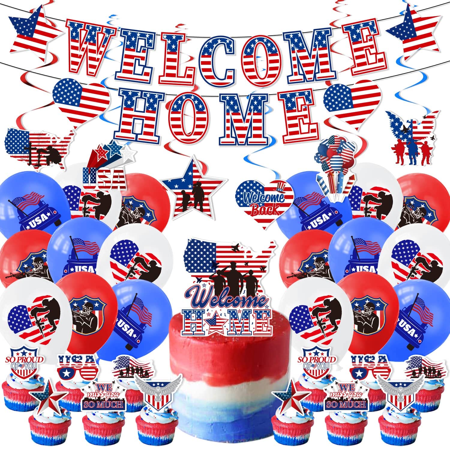 Military Army Welcome Home Decorations Set Welcome Home Banner Balloons Cake Toppers Hanging Swirls for Soldiers Housewarming Homecoming Return Party Decorations and Supplies