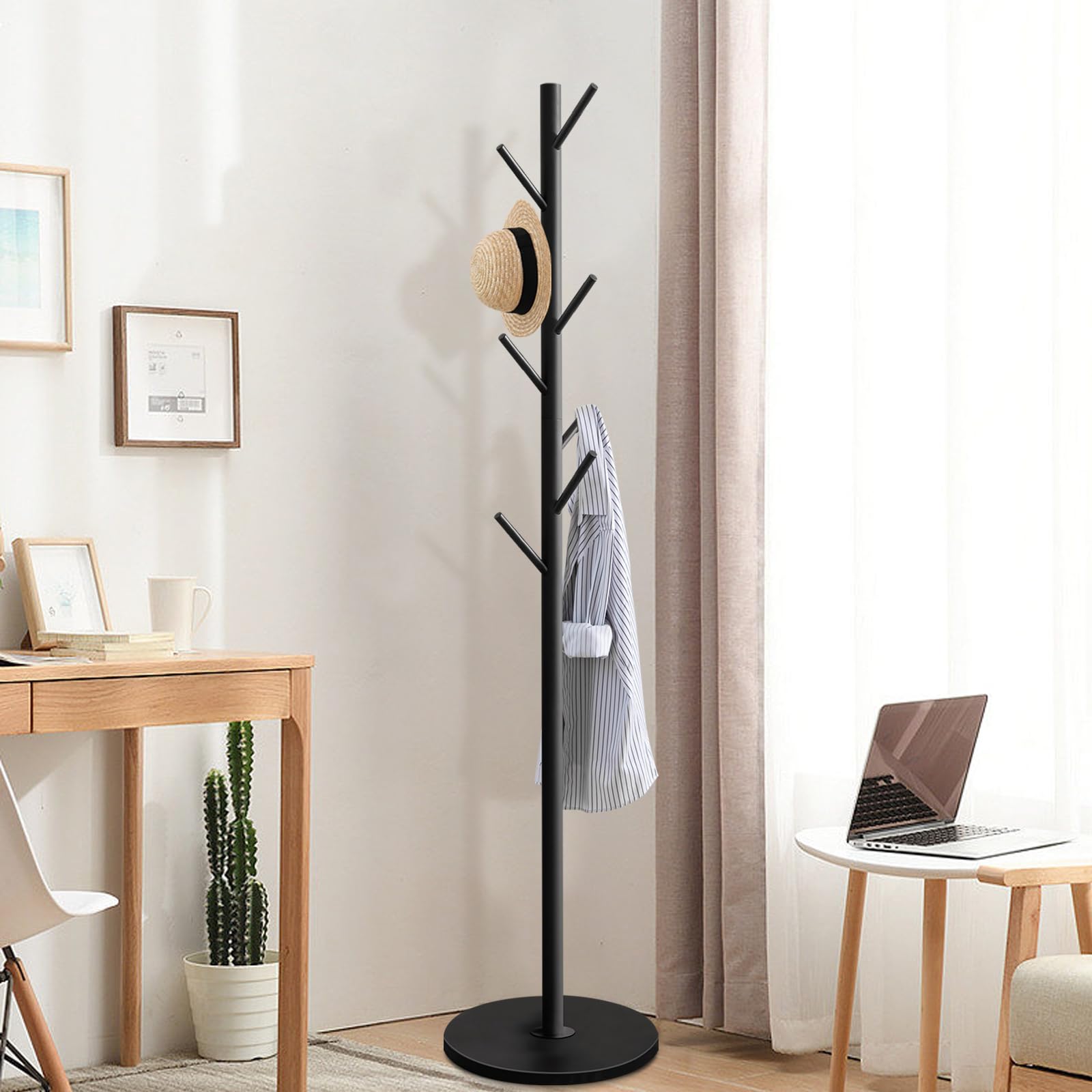 Tenkovic Metal Coat Rack Freestanding Satin Steel With Stable Marble Base,High-Grade With 8 Hooks Metal Coat Hat,Hall Tree for Hanging Clothes, Bags, Hats, Bedroom(Black)