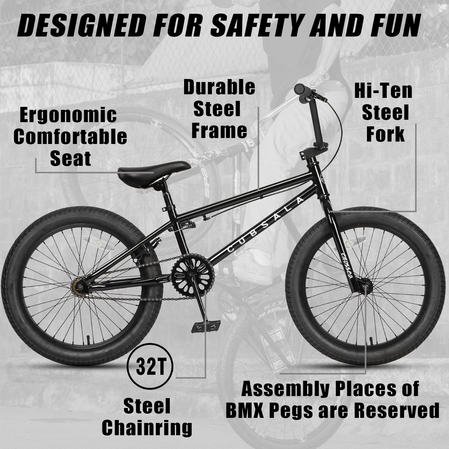 cubsala Freestyle BMX Bike, 18 Inch Kids Bicycle for 5-9 Years Old Kids and Beginner Level Rider, Black