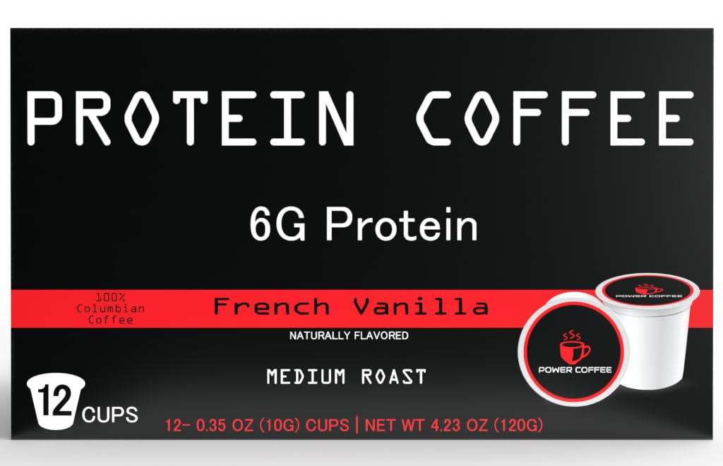 POWER COFFEE Protein Coffee, French Vanilla, 6g Protein, 100% Columbian Coffee, 12 Single Serve K-Cups
