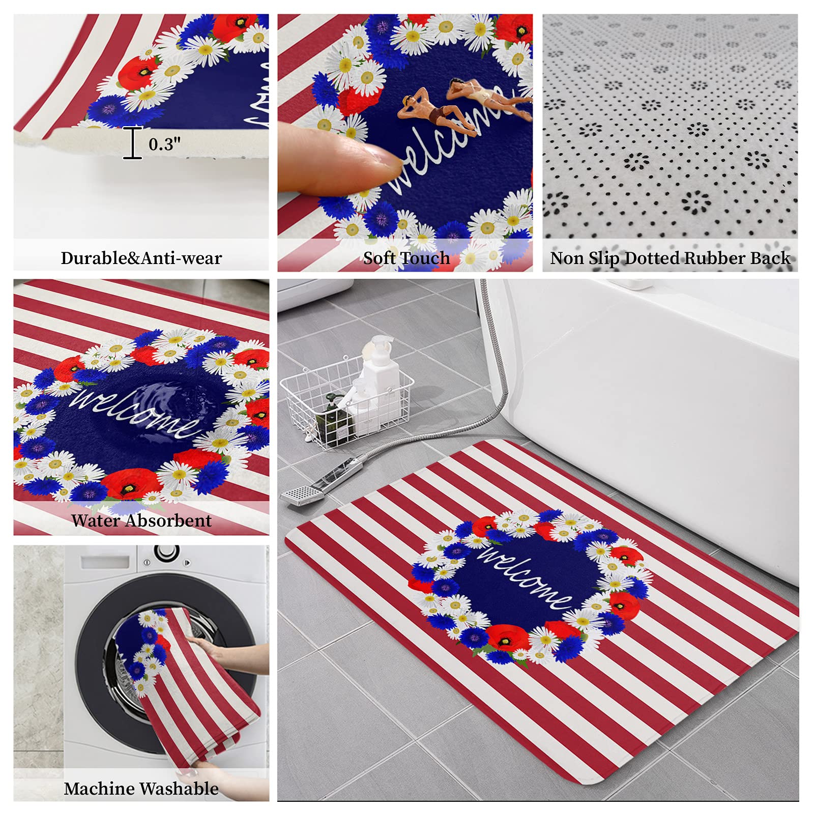 DIFNARY July 4th Bath Rugs Red Poppy Flowers Daisy Independence Day Holiday Sponge Doormat Absorbent Non Slip Backing Flannel Mat White and Red Stripe Memory Foam Mats for Bathroom Kitchen, 16x24In