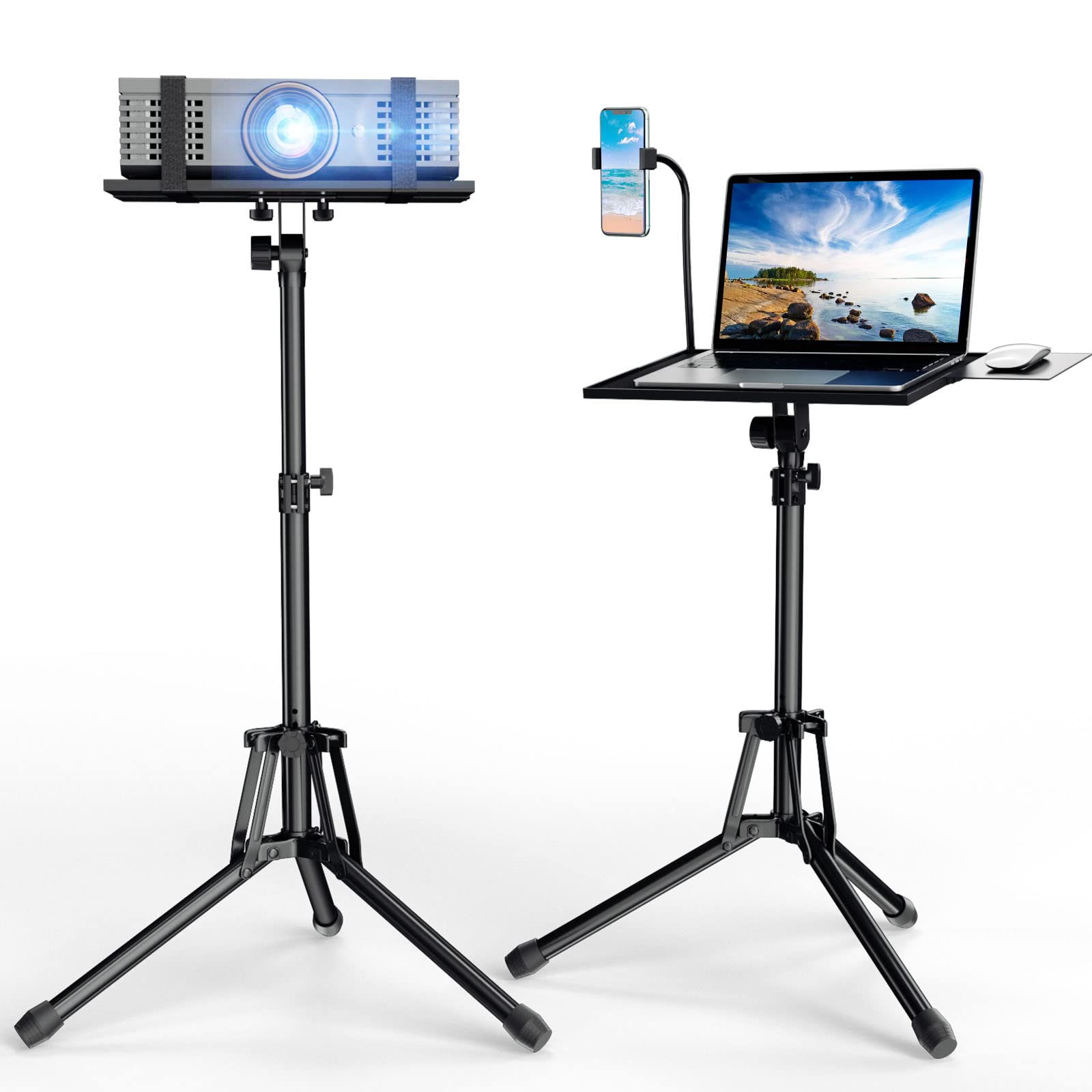Projector Stand Laptop Tripod Stand - Portable Stand Adjustable Height 20 to 60 Inch, Projector Stand with Gooseneck Phone Holder & Mouse Tray, Laptop Floor Stand for Podium, Home, Studio, DJ Racks
