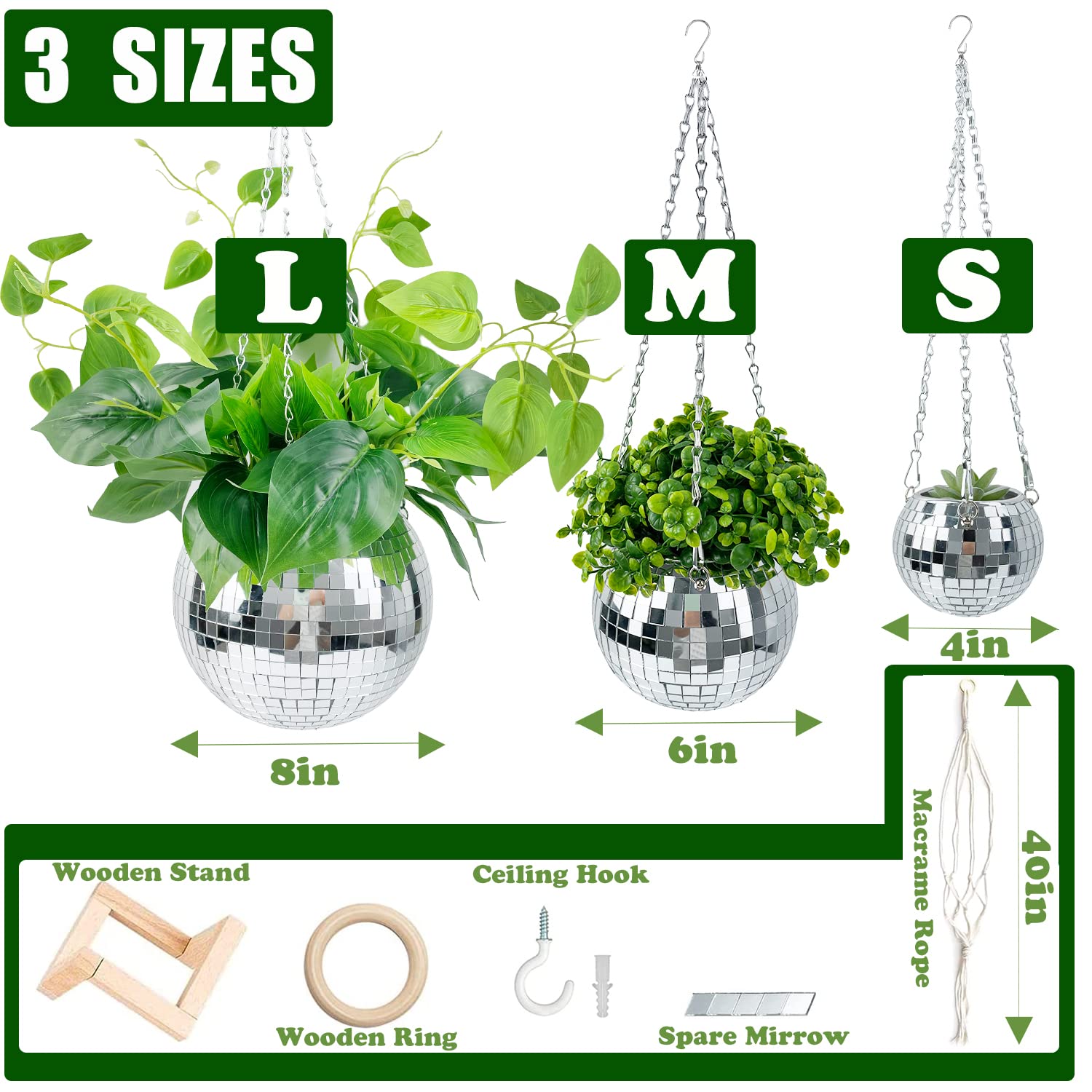 Disco Ball Planter, 4" Creative Mirror Ball Hanging Planters for Indoor Plants with Chain, Macrame Rope, Wooden Stand, Disco Ball Plant Hanger for Valentine's Decorations Hanging Plant, 1 piece