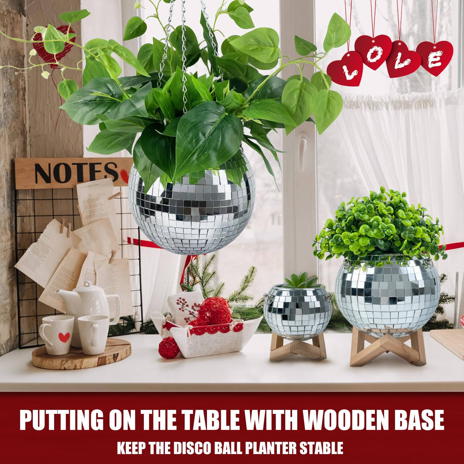 Disco Ball Planter, 4" Creative Mirror Ball Hanging Planters for Indoor Plants with Chain, Macrame Rope, Wooden Stand, Disco Ball Plant Hanger for Valentine's Decorations Hanging Plant, 1 piece