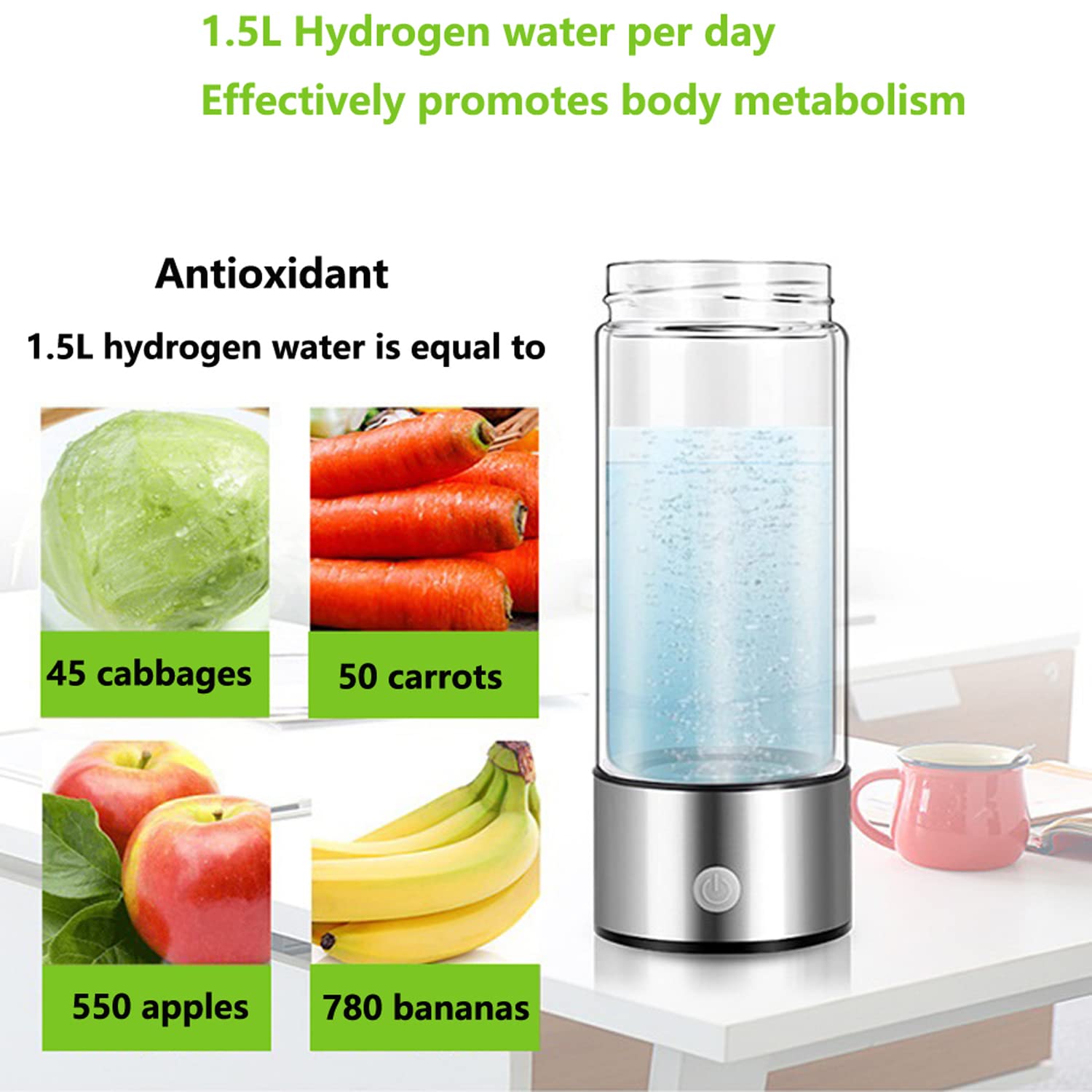 [Upgrade Version] Xglysmyc Portable Rechargeable Hydrogen Water Generator Bottle with New SPE and PEM Technology,Glass Hydrogen Water Machine Ionizer Health Cup for Home Office Travel Use