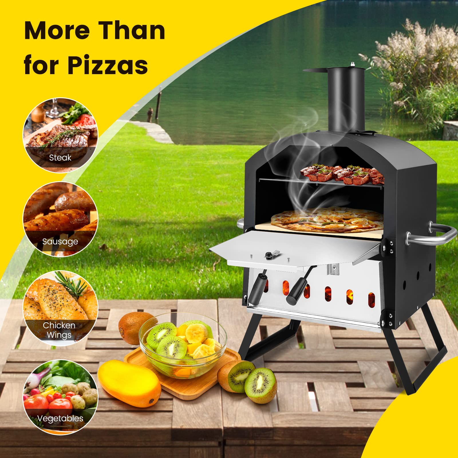 Giantex Outdoor Pizza Oven Wood Fired, 2-Layer Pizza Maker with Pizza Stone, Pizza Peel, Removable Cooking Rack, Waterproof Cover, Folding Legs, Outside Pizza Ovens for Camping Backyard BBQ (28 Inch)