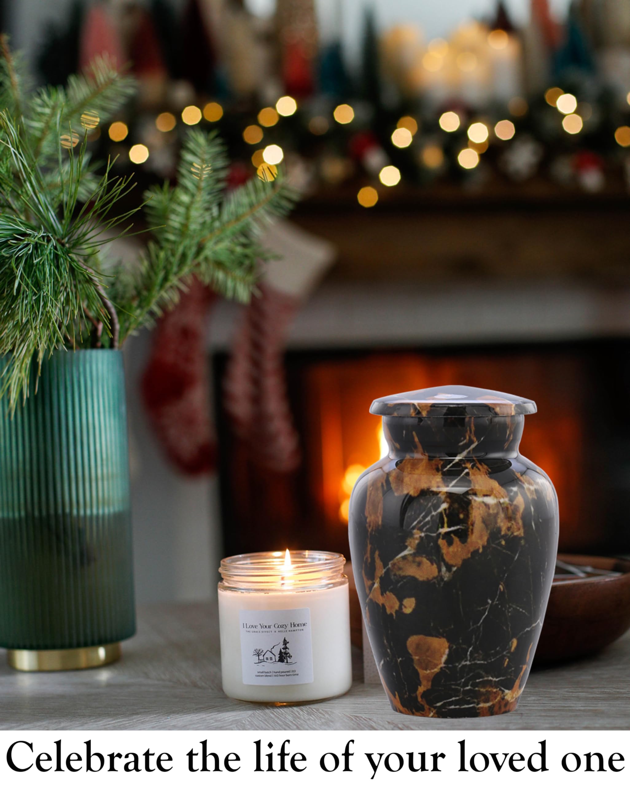 Marble Finish Metal Keepsake Urn - Mini Cremation Urn for Human or Pet Ashes - Token Urn - Sharing Memorial Urn with Velvet Bag (Dynasty Black)