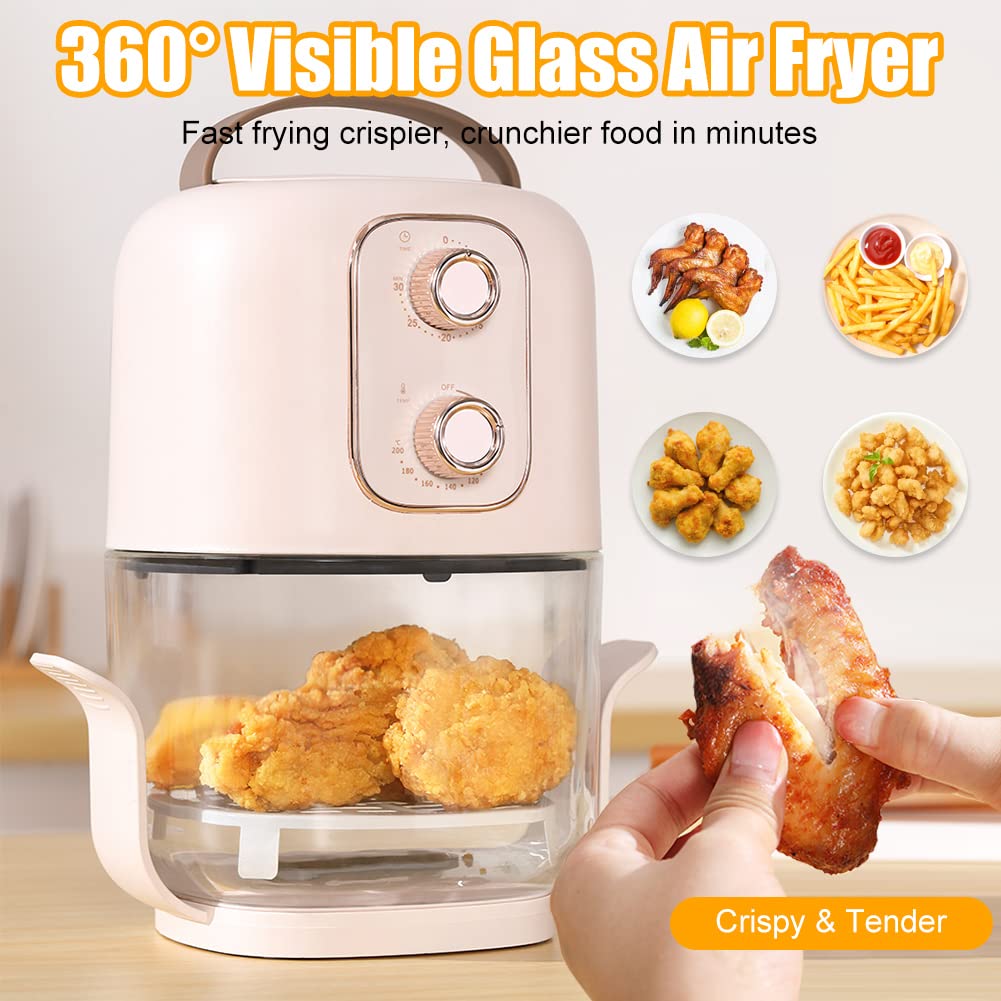 WOOLALA 360° Visible Glass Air Fryer, 2.5-Qt Air Fryers Oven Oil-free Low Fat Cooking, Compact Air Fryer with Automatic Timer and Temperature Control, Great for 1-3 People Use