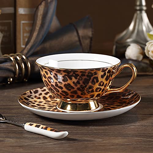 amokk Coffee Cup and Saucer Sets - 6.7 Oz Bone China Tea Cup with Saucer and Spoon - Fancy Coffee Mugs for Office, Coffee Table, Afternoon Tea (Leopard)