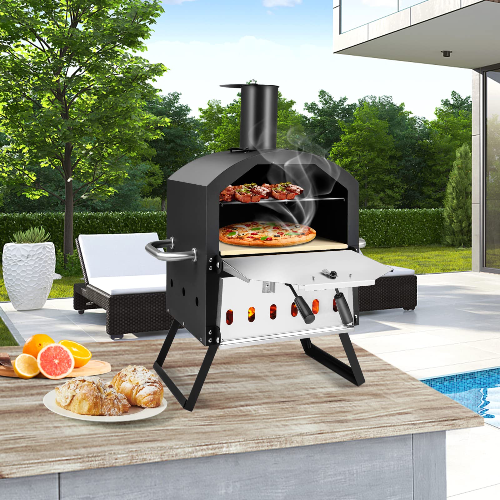 Giantex Outdoor Pizza Oven Wood Fired, 2-Layer Pizza Maker with Pizza Stone, Pizza Peel, Removable Cooking Rack, Waterproof Cover, Folding Legs, Outside Pizza Ovens for Camping Backyard BBQ (28 Inch)