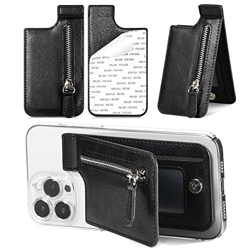 POEGZOMI Adhesive Stick On Wallet for Smartphones Leather Phone Card Holder for Women,Men (Black)