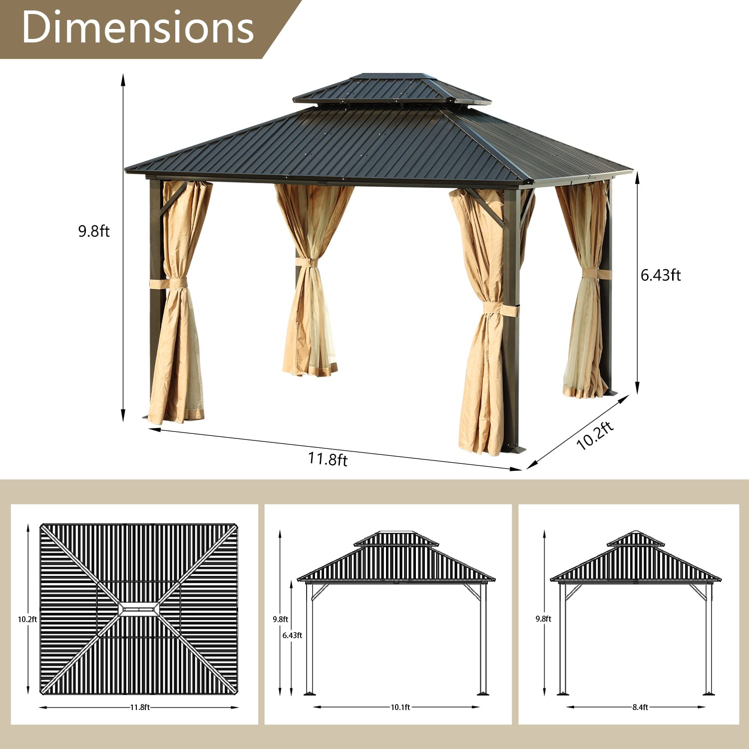 COWVIE Double Roof Galvanized Steel Patio Gazebo (10x12 ft) with Curtains and Netting for Patio, Backyard, Deck, Lawns
