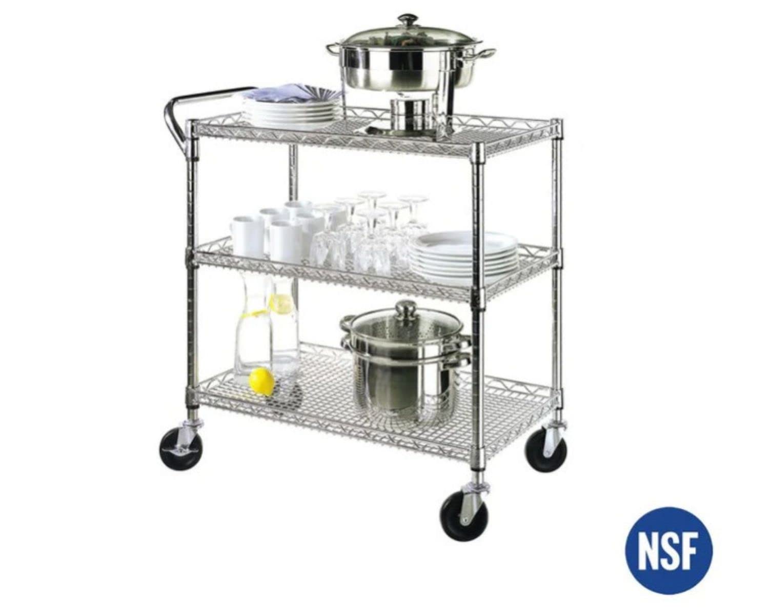 Heavy Duty 3 Tier Rolling Utility Cart Kitchen Cart on Wheels Metal Serving Cart Commercial Grade with Wire Shelving and Handle Bar for Kitchen Office Hardware