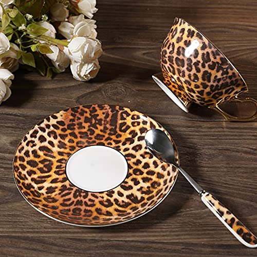 amokk Coffee Cup and Saucer Sets - 6.7 Oz Bone China Tea Cup with Saucer and Spoon - Fancy Coffee Mugs for Office, Coffee Table, Afternoon Tea (Leopard)