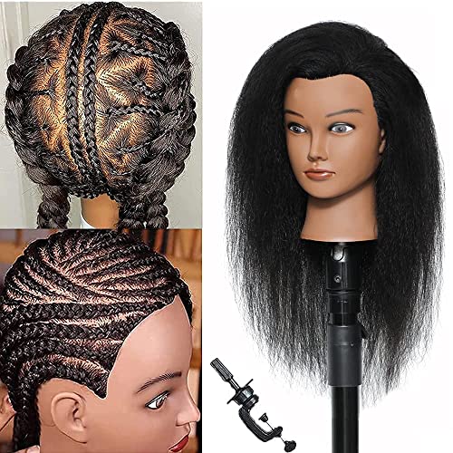 16Inch 100% Real Hair Mannequin Head Training Head Cosmetology Doll Head Manikin Practice Head Hairdresser With Free Clamp Stand Female (Black Hair)