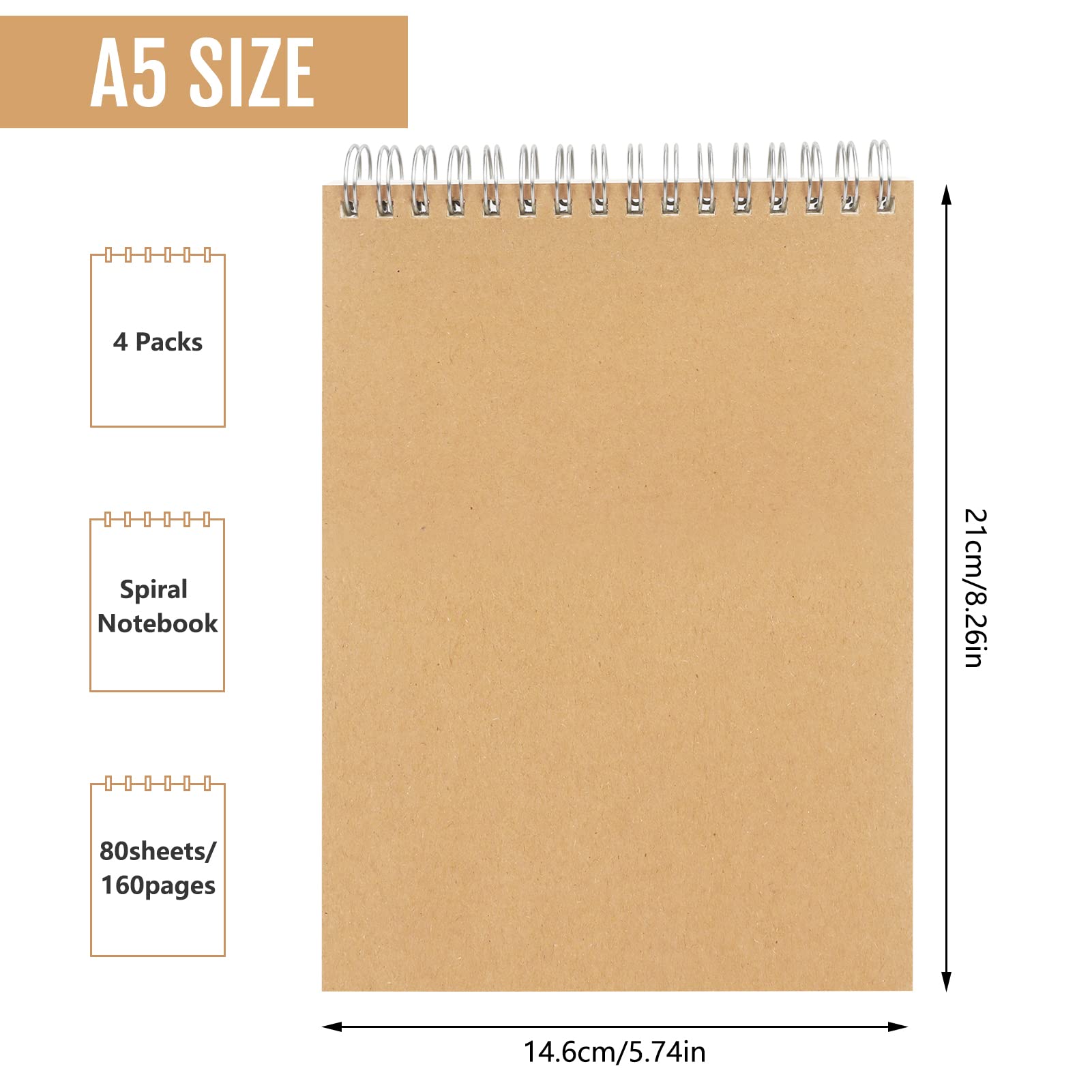 Songaa Spiral Notebook A5 4 Pack - Top Bound Hardcover Spiral Notebook Ruled Lined Journal Notebook Bulk, Kraft Paper Cover College Ruled Spiral Bound Notebook for Student Office School Supplies