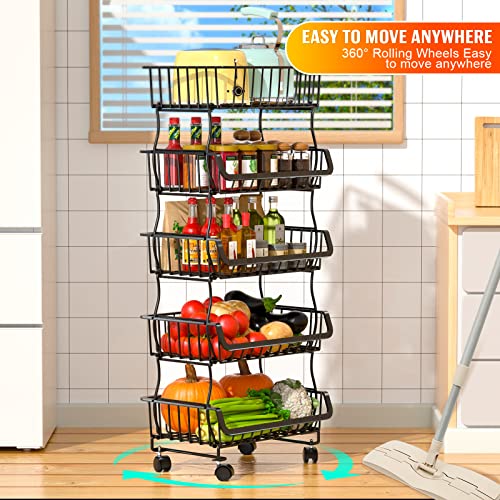 Fruit Vegetable Basket for Kitchen, 5 Tier Stackable Metal Wire Storage Basket Organizer Baskets with Rolling Wheels, Utility Rack for Kitchen, Pantry, Bathroom