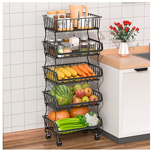 Fruit Vegetable Basket for Kitchen, 5 Tier Stackable Metal Wire Storage Basket Organizer Baskets with Rolling Wheels, Utility Rack for Kitchen, Pantry, Bathroom