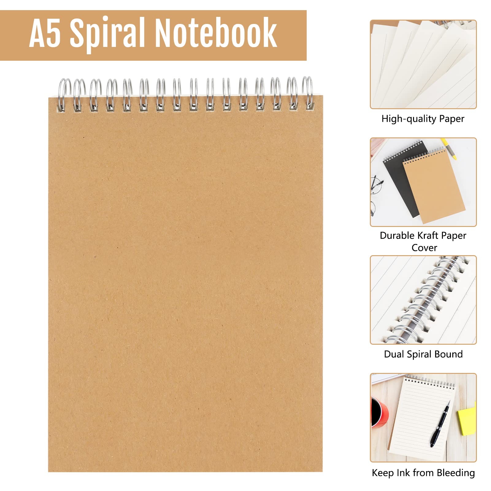 Songaa Spiral Notebook A5 4 Pack - Top Bound Hardcover Spiral Notebook Ruled Lined Journal Notebook Bulk, Kraft Paper Cover College Ruled Spiral Bound Notebook for Student Office School Supplies
