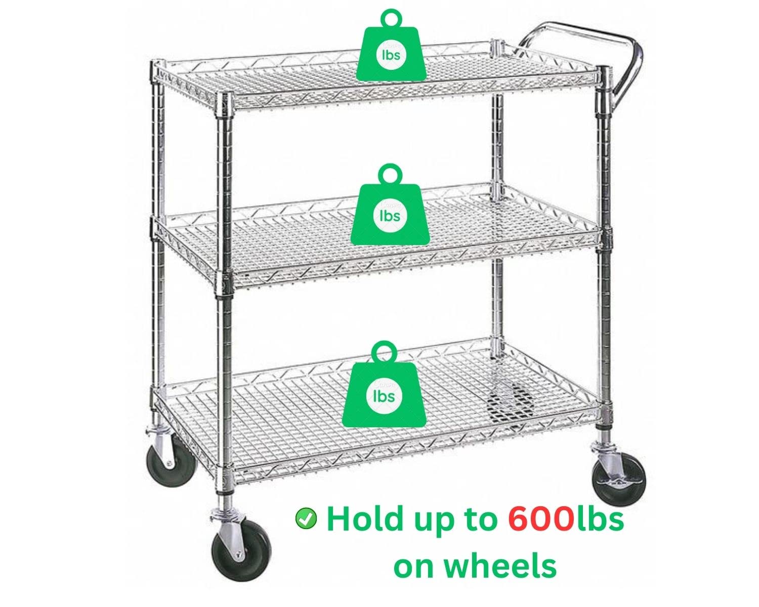 Heavy Duty 3 Tier Rolling Utility Cart Kitchen Cart on Wheels Metal Serving Cart Commercial Grade with Wire Shelving and Handle Bar for Kitchen Office Hardware