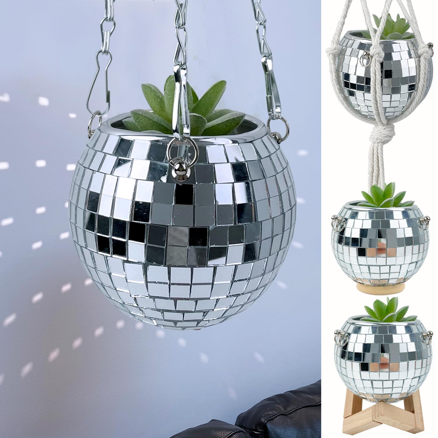 Disco Ball Planter, 4" Creative Mirror Ball Hanging Planters for Indoor Plants with Chain, Macrame Rope, Wooden Stand, Disco Ball Plant Hanger for Valentine's Decorations Hanging Plant, 1 piece