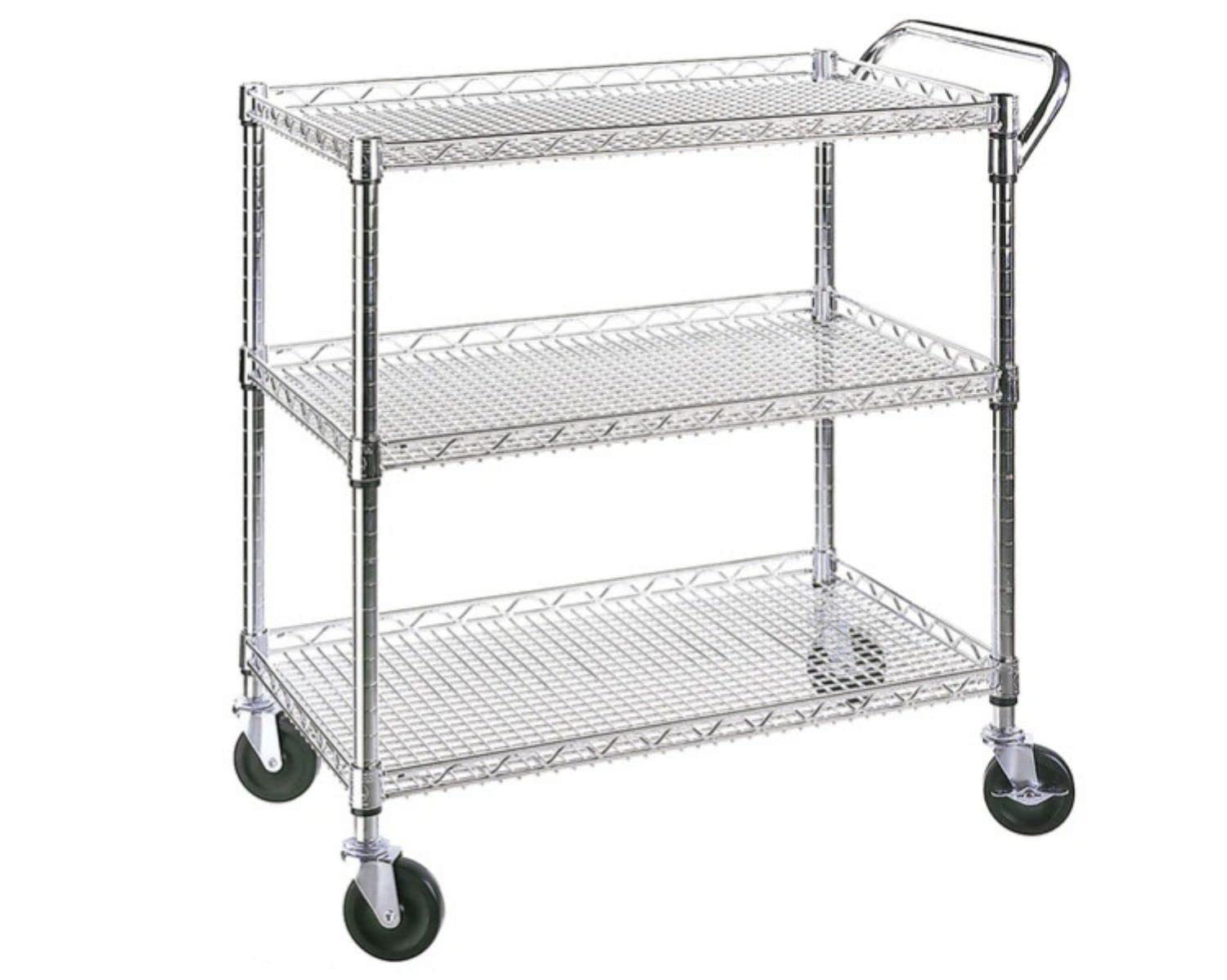 Heavy Duty 3 Tier Rolling Utility Cart Kitchen Cart on Wheels Metal Serving Cart Commercial Grade with Wire Shelving and Handle Bar for Kitchen Office Hardware