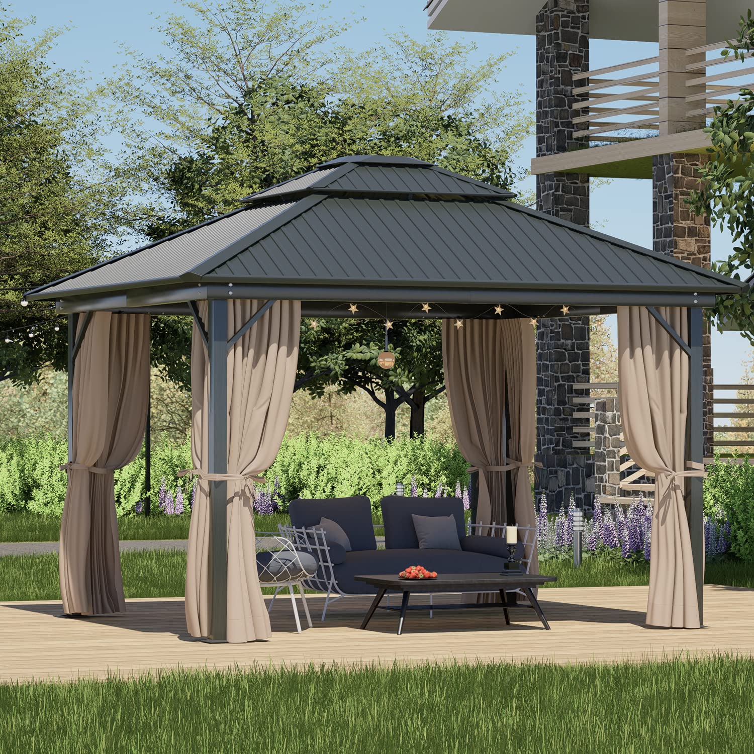 COWVIE Double Roof Galvanized Steel Patio Gazebo (10x12 ft) with Curtains and Netting for Patio, Backyard, Deck, Lawns