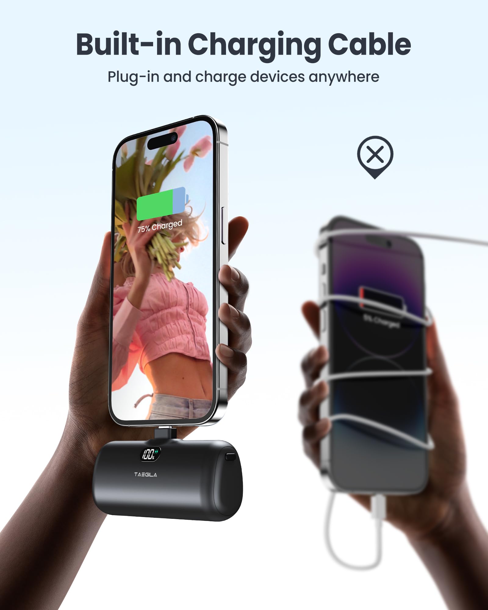 Taegila Portable Phone Charger for iPhone, 5000mAh Small Power Bank MFi Certified Built in Cable LCD Display & LED Light for All iPhone Series 14/13/12/11/XR/X/SE/8/7/6 Pro Max