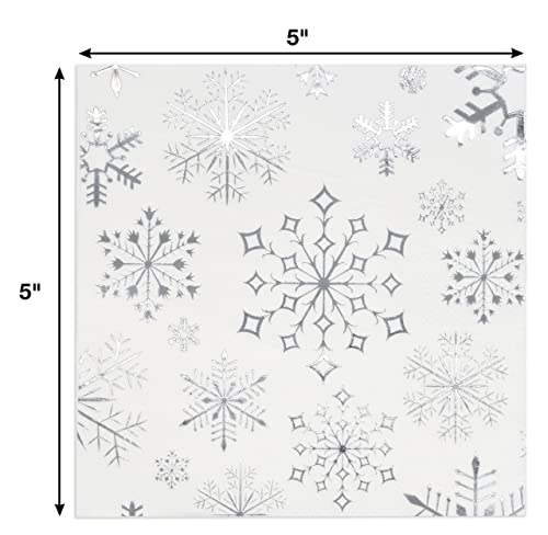 100 Christmas Snowflake Cocktail Beverage Napkins Holiday Disposable Paper Napkin Silver White Snowflakes Dessert Napkins for Home Dinner Buffet Xmas Decorative Tableware Party Supplies Decorations
