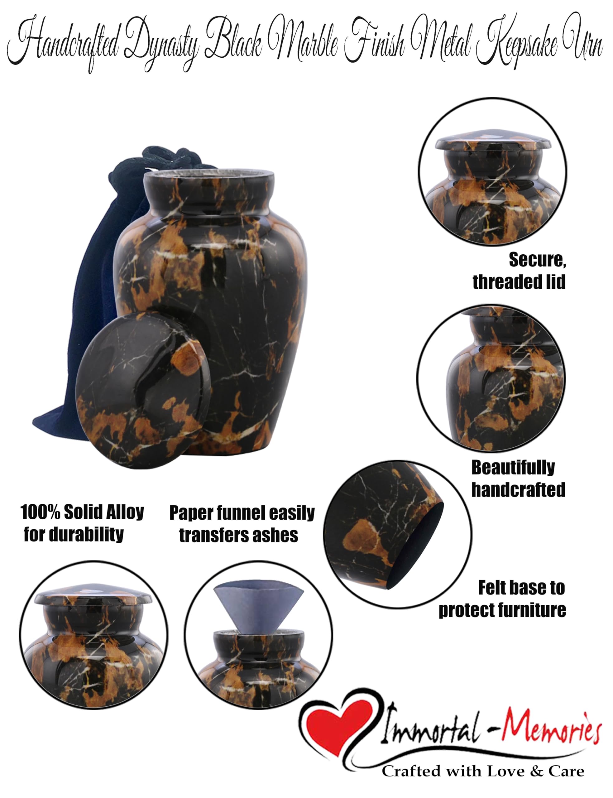 Marble Finish Metal Keepsake Urn - Mini Cremation Urn for Human or Pet Ashes - Token Urn - Sharing Memorial Urn with Velvet Bag (Dynasty Black)
