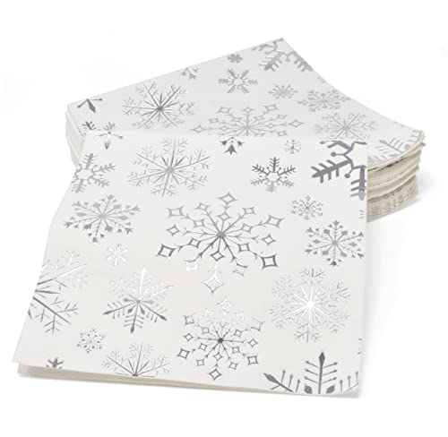 100 Christmas Snowflake Cocktail Beverage Napkins Holiday Disposable Paper Napkin Silver White Snowflakes Dessert Napkins for Home Dinner Buffet Xmas Decorative Tableware Party Supplies Decorations