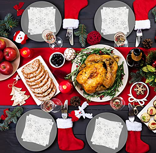 100 Christmas Snowflake Cocktail Beverage Napkins Holiday Disposable Paper Napkin Silver White Snowflakes Dessert Napkins for Home Dinner Buffet Xmas Decorative Tableware Party Supplies Decorations