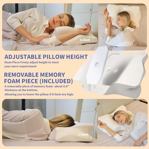 Cervical Pillow for Neck Pain Relief, 2-Way Adjustable Orthopedic Pillow with Cooling Case, Hollow Design Contour Memory Foam Neck Support Pillow for Side, Back and Stomach Sleepers - White