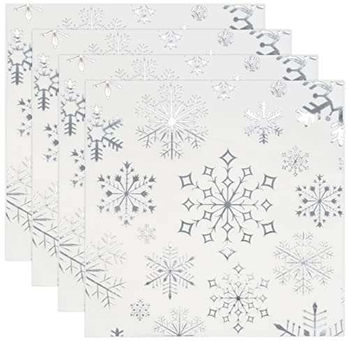 100 Christmas Snowflake Cocktail Beverage Napkins Holiday Disposable Paper Napkin Silver White Snowflakes Dessert Napkins for Home Dinner Buffet Xmas Decorative Tableware Party Supplies Decorations