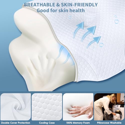 Cervical Pillow for Neck Pain Relief, 2-Way Adjustable Orthopedic Pillow with Cooling Case, Hollow Design Contour Memory Foam Neck Support Pillow for Side, Back and Stomach Sleepers - White