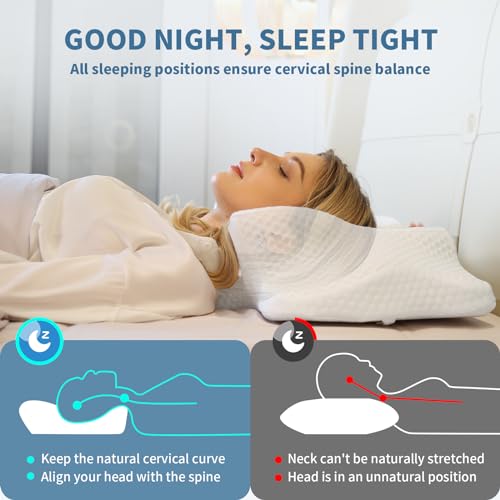 Cervical Pillow for Neck Pain Relief, 2-Way Adjustable Orthopedic Pillow with Cooling Case, Hollow Design Contour Memory Foam Neck Support Pillow for Side, Back and Stomach Sleepers - White