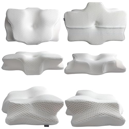 Cervical Pillow for Neck Pain Relief, 2-Way Adjustable Orthopedic Pillow with Cooling Case, Hollow Design Contour Memory Foam Neck Support Pillow for Side, Back and Stomach Sleepers - White
