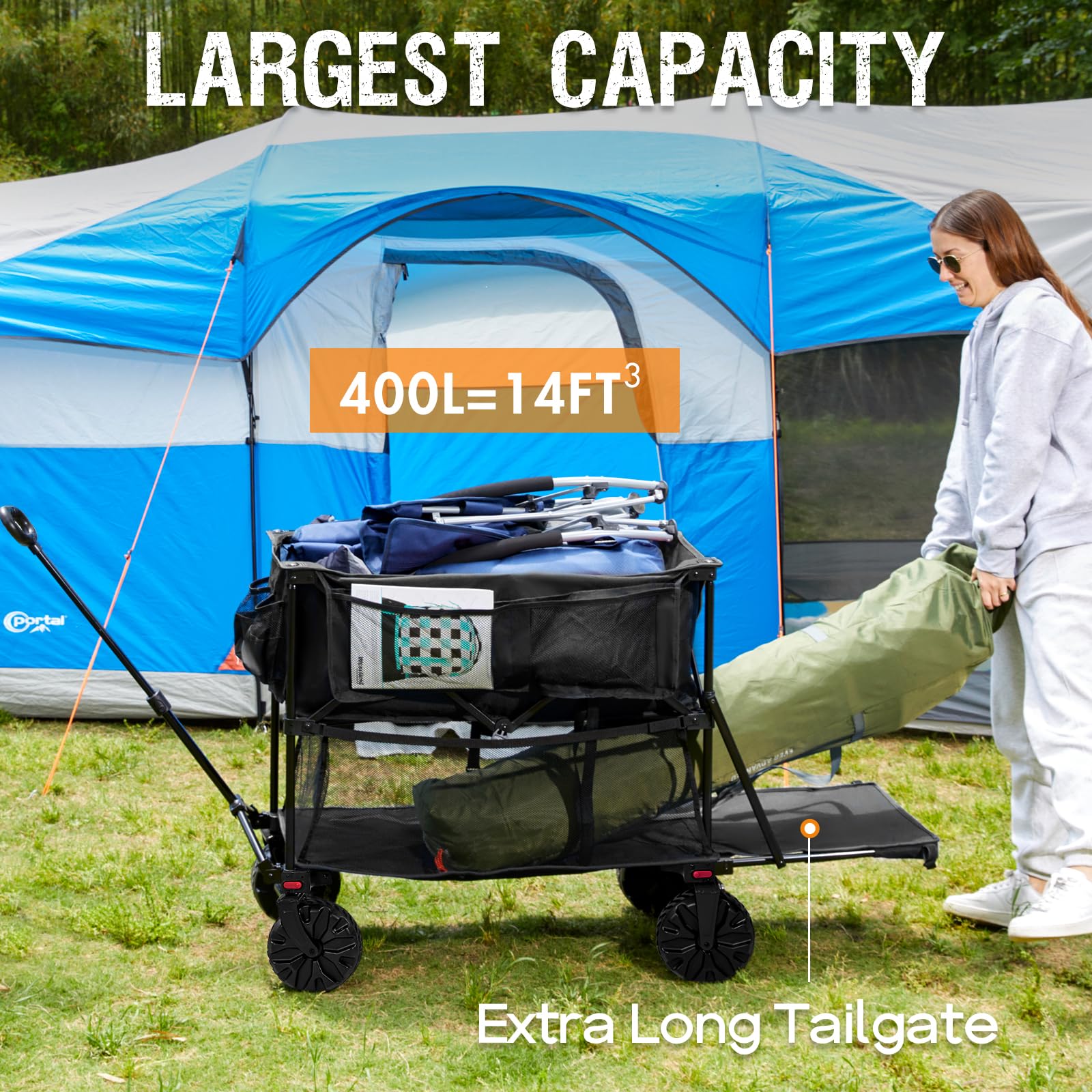 PORTAL 400L Collapsible Double Decker Wagon, Folding Wagon Cart with Tailgate, Beach Wagon with Big Wheels, 450LB Heavy Duty Foldable Wagon, Large Capacity Wagon for Camping, Sports, Garden, Baseball