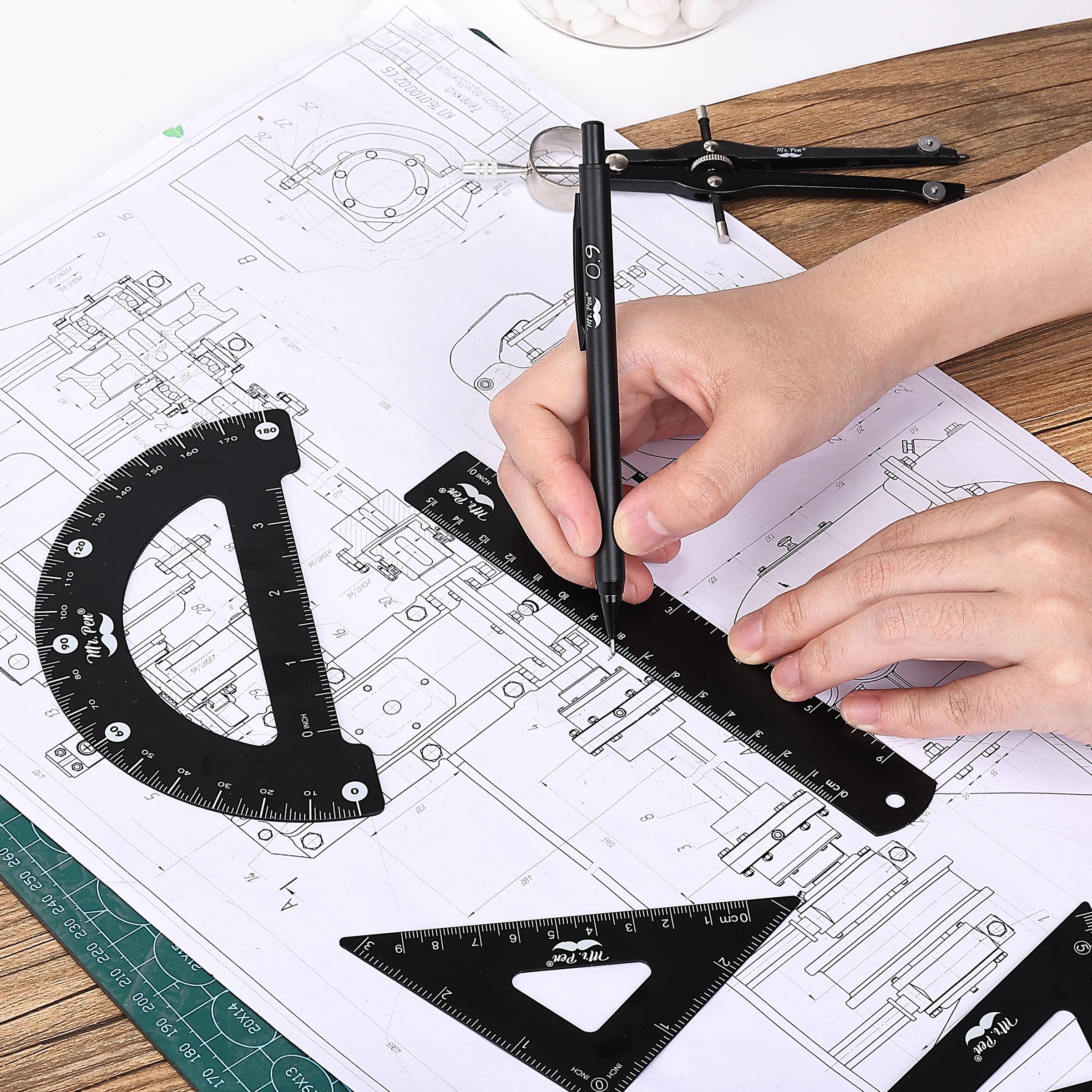 Mr. Pen- Professional Geometry Set, 15pcs, Black Geometry Kit for Artists and Students, Geometry Set, Metal Rulers and Compasses, Drawing Tools, Drafting Supplies, Drafting Set, Drafting Tools and Kit
